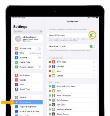 Apple iPad 9th Gen (2021) - Control Center - AT&T