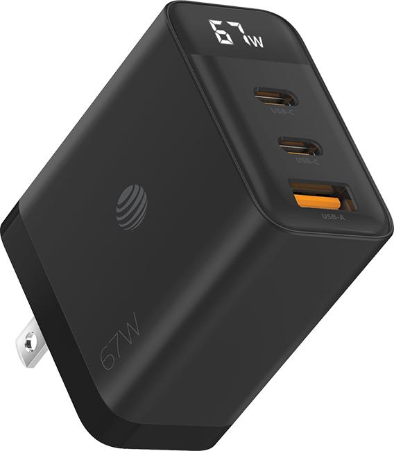 AT&T Essentials Multi Port 67W GaN Wall Charger with LED Display (2 USBC + 1 USBA) - AT&T
